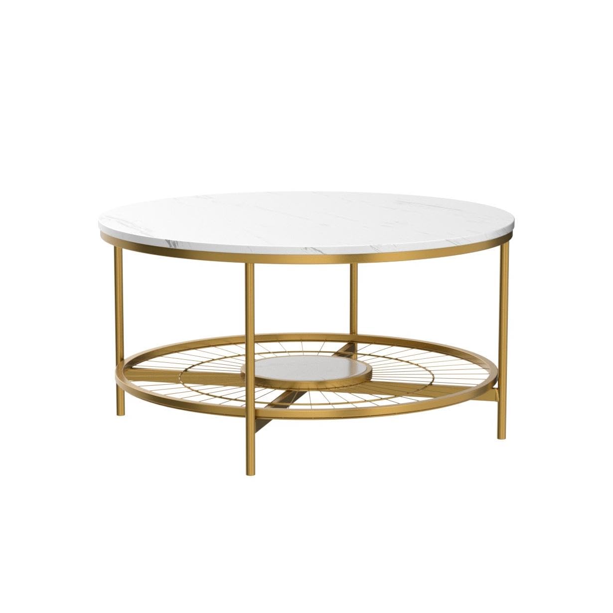 Round Coffee Table for Living Room, Modern Coffee Table with Sun Shape Circle Open Storage,Marble Wooden Tabletop and Sturdy Metal Frame, White and Gold 35.5