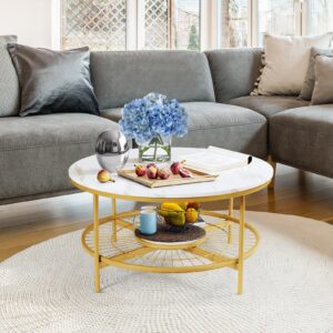 Round Coffee Table for Living Room, Modern Coffee Table with Sun Shape Circle Open Storage,Marble Wooden Tabletop and Sturdy Metal Frame, White and Gold 35.5