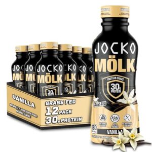 jocko mölk protein shakes – naturally flavored protein drinks, keto friendly, no added sugar, 30g grass fed protein - ready to drink, 12 fl oz, 12pk, liquid (vanilla)