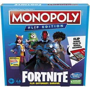 hasbro gaming monopoly flip edition: fortnite board game for ages 13 game inspired by fortnite video game, board games for teens and adults, 2-4 players