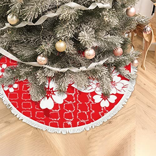 Hapuxt Christmas Tree Skirt 48 Inch Xmas Plush Skirts Decoration White Flower Oriental Traditional Deco Red Merry Christmas Family Party Holiday Indoor Outdoor Home Decor White Tassel Lace