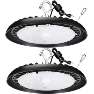 2 pack led high bay light with us plug 6ft cable, 120v 150w 19500lm 5000k daylight, 600w-800w hid/hps equivalent, ul ip65 commercial warehouse lighting for workshop,garage, gym,factory, non-dim