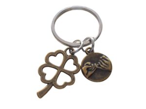 bronze four leaf clover charm keychain with pinky promise charm for couples or best friends, anniversary keychain