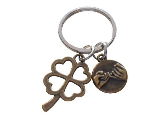 Bronze Four Leaf Clover Charm Keychain with Pinky Promise Charm for Couples or Best Friends, Anniversary Keychain