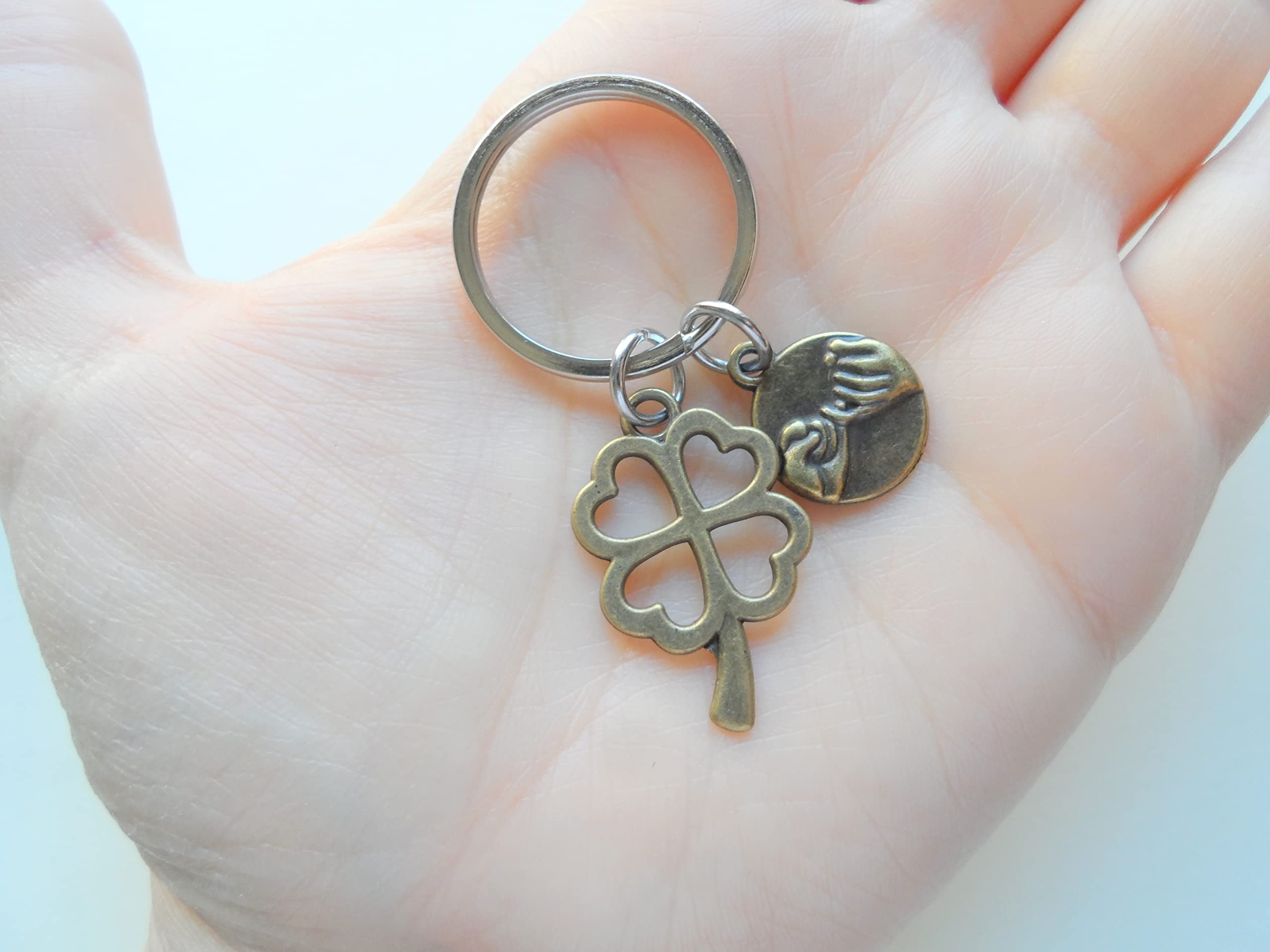 Bronze Four Leaf Clover Charm Keychain with Pinky Promise Charm for Couples or Best Friends, Anniversary Keychain