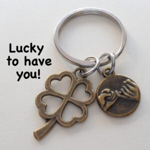 Bronze Four Leaf Clover Charm Keychain with Pinky Promise Charm for Couples or Best Friends, Anniversary Keychain