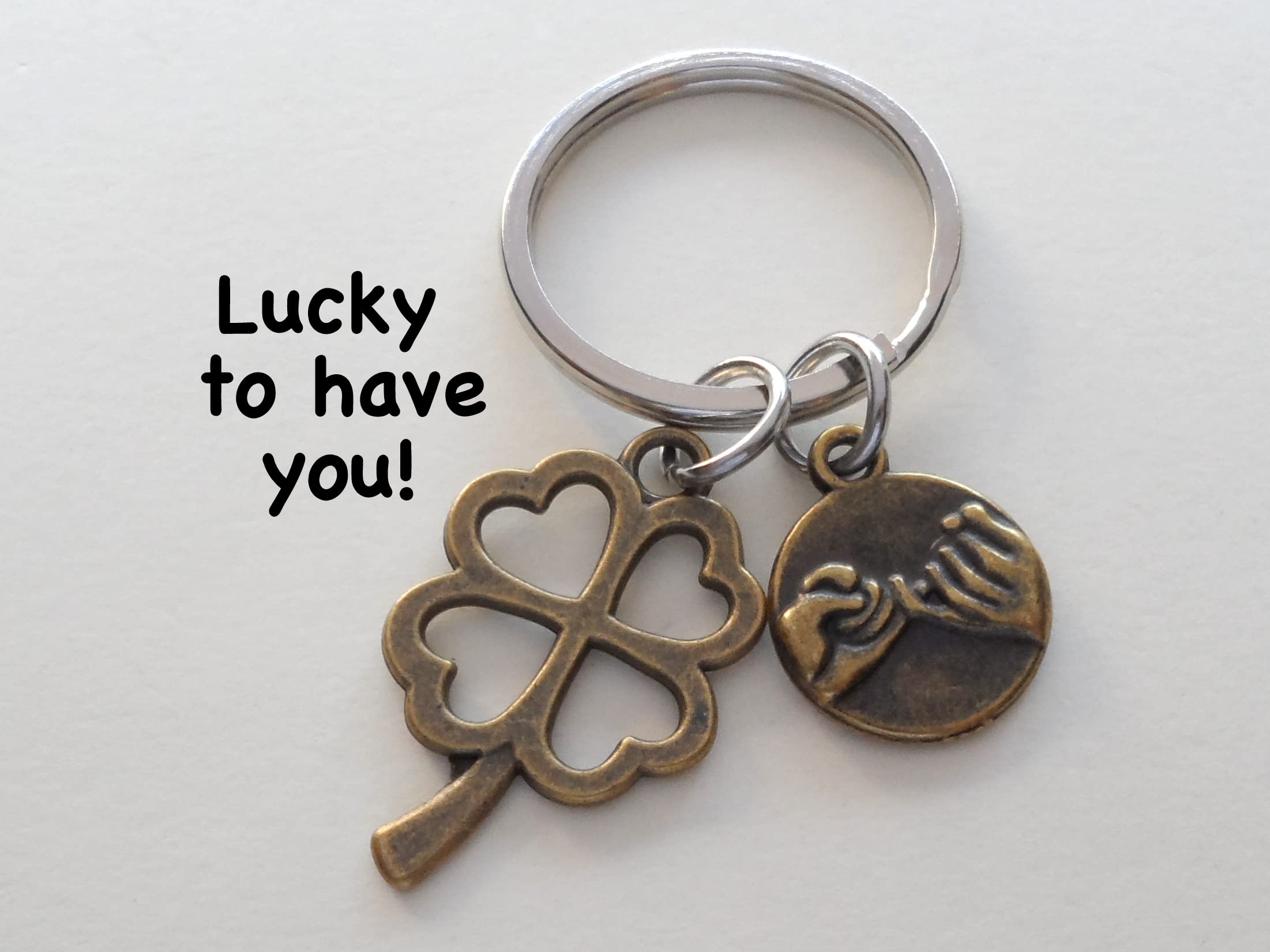 Bronze Four Leaf Clover Charm Keychain with Pinky Promise Charm for Couples or Best Friends, Anniversary Keychain