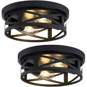 zhu yan 2 pack black flush mount ceiling light,industrial farmhouse metal cage black light fixtures ceiling mount for kitchen entryway hallway e26 base (10.63in)