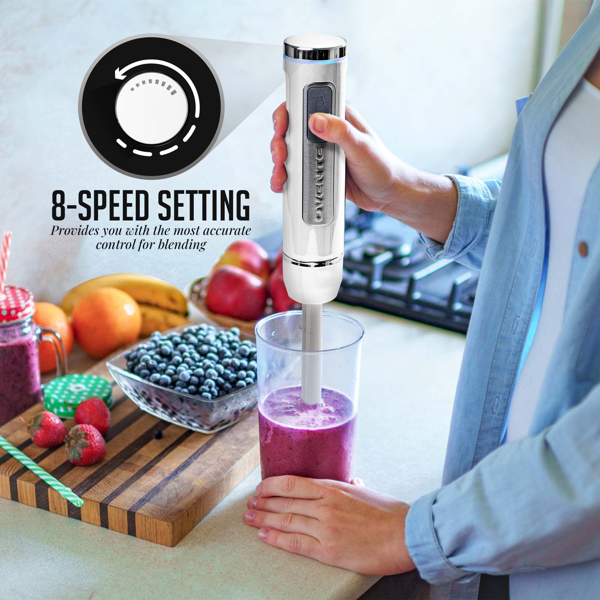 OVENTE Electric Cordless Immersion Hand Blender 200 Watt 8-Mixing Speed with Stainless Steel Blades, Heavy-Duty Portable & Rechargeable Perfect for Smoothies, Puree Baby Food & Soup, White HR781W