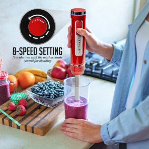 OVENTE Electric Cordless Immersion Hand Blender 200 Watt 8-Mixing Speed with Stainless Steel Blades, Heavy-Duty Portable & Rechargeable Perfect for Smoothies, Puree Baby Food & Soup, Red HR781R