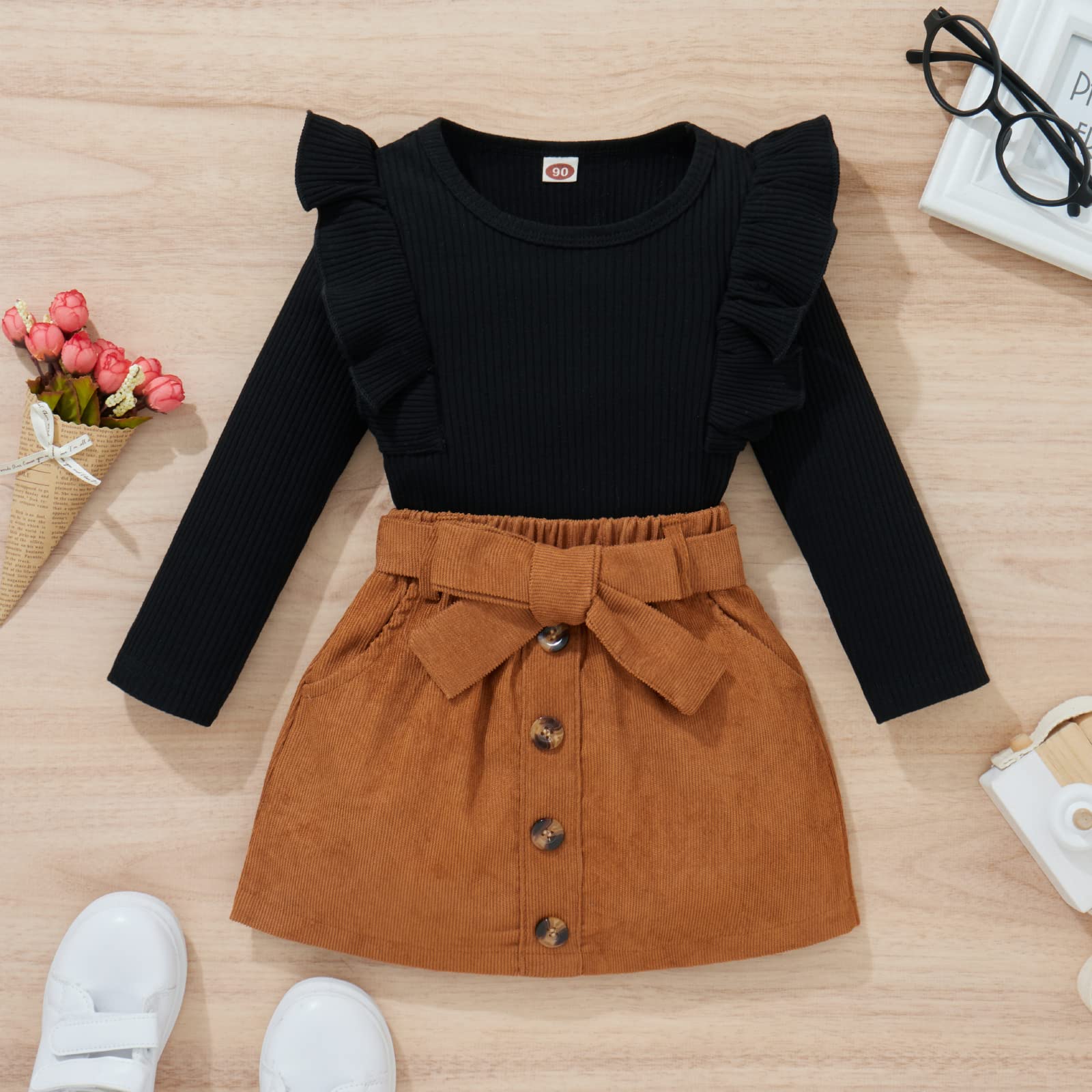 fhutpw Baby Toddler Girl Outfits Fall Winter Clothes Turtleneck Knitted Cotton Long Sleeves Tops & Button Mini Skirts Set