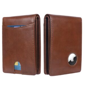 hlhgr wallet with airtag holder，airtag wallet men genuine leather billfold rfid blocking wallet for apple air tag brown (airtag not included