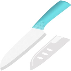 rynal ceramic knife santoku knife meats fruits vegetables knife - sharp ceramic kitchen knife with sheath cover - 7 inch aqua