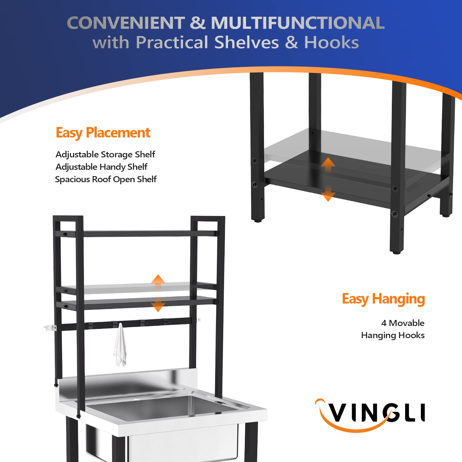 VINGLI 67"H Commercial Sink 304 Stainless Steel Sink with Adjustable Shelves and Hanging Rod with Hooks, Freestanding Utility Sink for Restaurant Kitchen Laundry Room Garage, Bowl Size 21"Wx16"Dx9"H