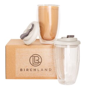 birchland double wall glass coffee or tea mug with lid 16 oz. travel coffee mug, insulated coffee tumbler set of 2