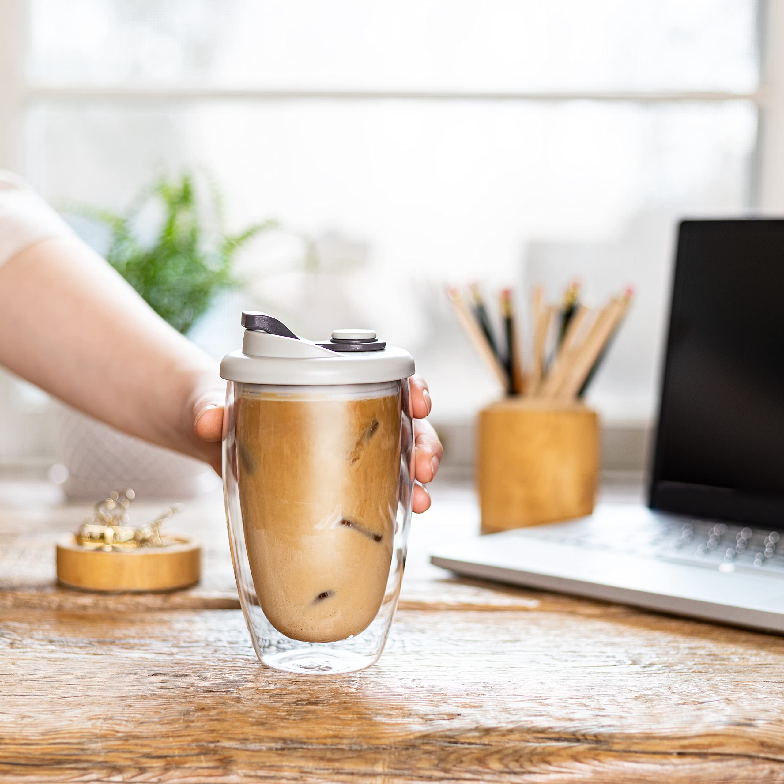 Birchland Double Wall Glass Coffee or Tea Mug with Lid 16 oz. Travel Coffee Mug, Insulated Coffee Tumbler Set of 2