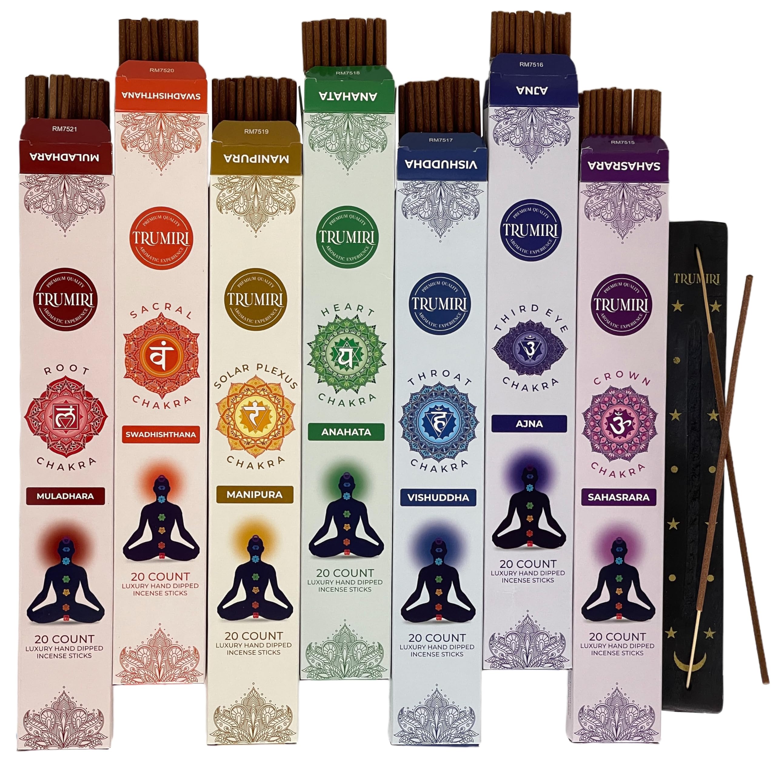 Chakra Incense Sticks - Total 120 Insence-Sticks (20 Insense x 6 Incents) - Incienso Incents-Sticks for 7 Chakra Meditation Muladhara Sacral Manipura Heart Throat Crown Ajna + Incense Holder