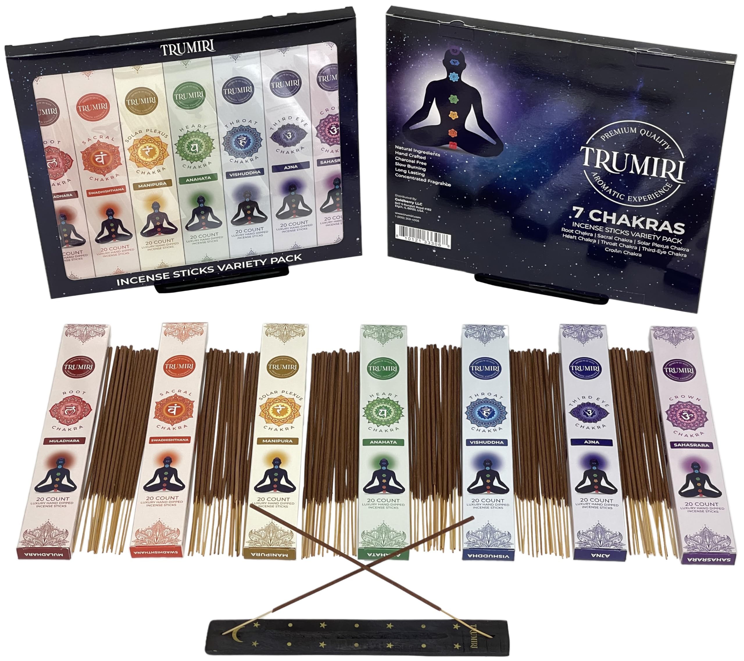 Chakra Incense Sticks - Total 120 Insence-Sticks (20 Insense x 6 Incents) - Incienso Incents-Sticks for 7 Chakra Meditation Muladhara Sacral Manipura Heart Throat Crown Ajna + Incense Holder