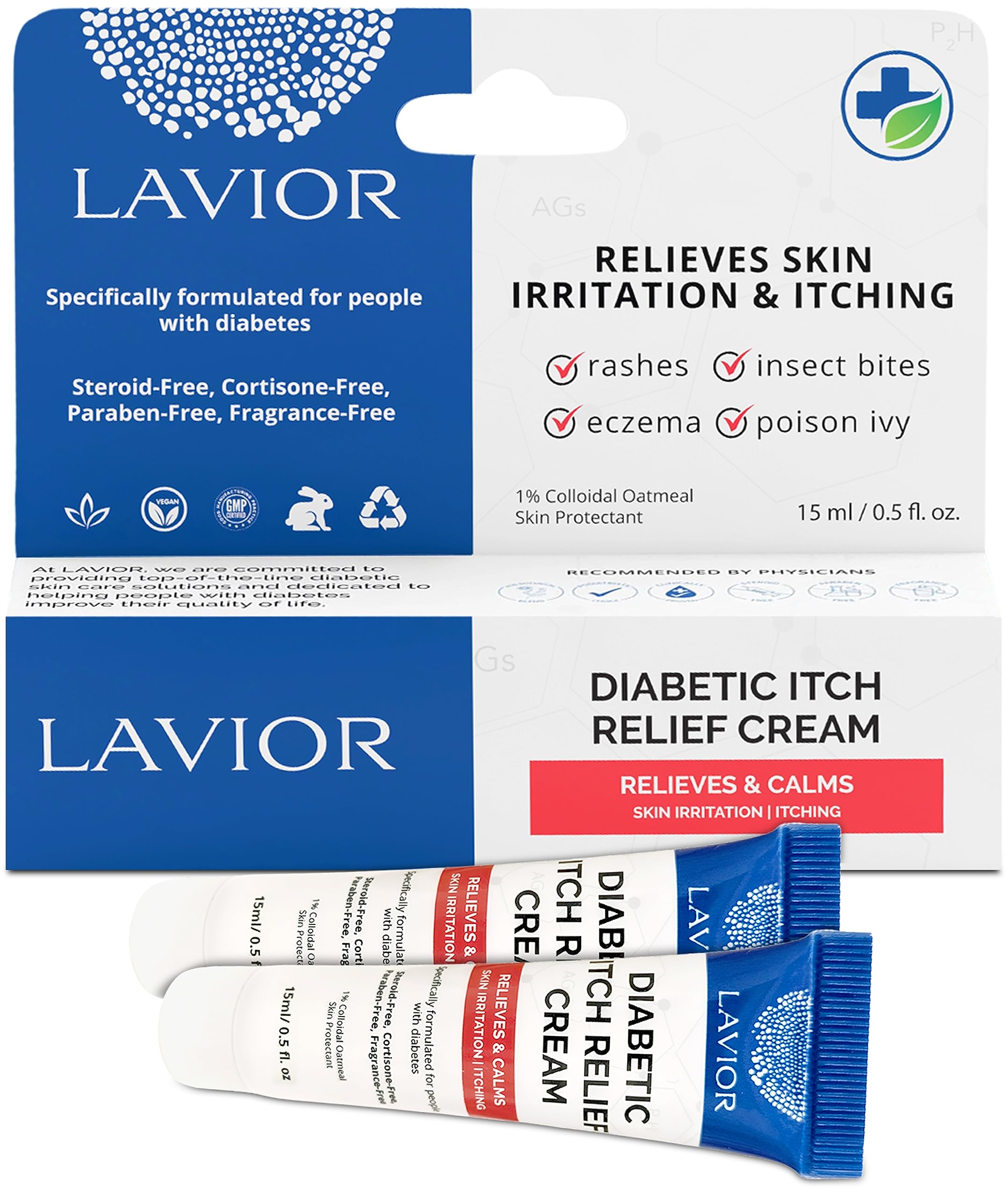 Lavior Diabetic Itch Relief Cream - Fast, Soothing Relief for Dry, Itchy Skin with Colloidal Oatmeal & Botanical Ingredients | Hypoallergenic, Dermatologist Recommended, Made in USA (2 Pack)