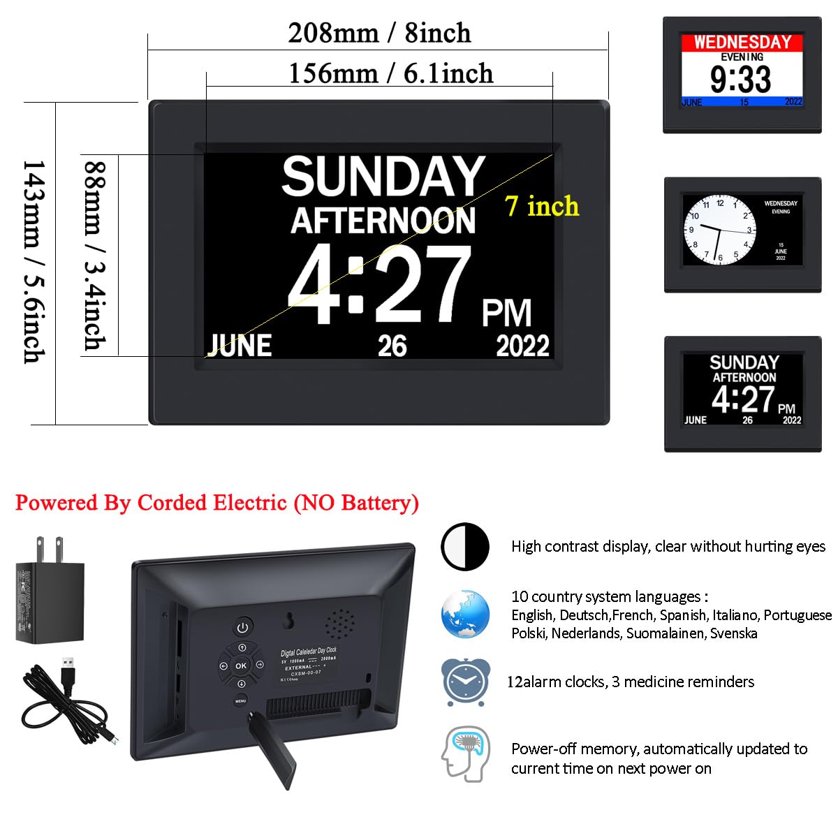 AINFTIME Clock with Day and Date for Elderly-3 Colors Display Digital Calendar Alarm Clock Dementia Alzheimers Clock with Extra Large Display (7in Black)