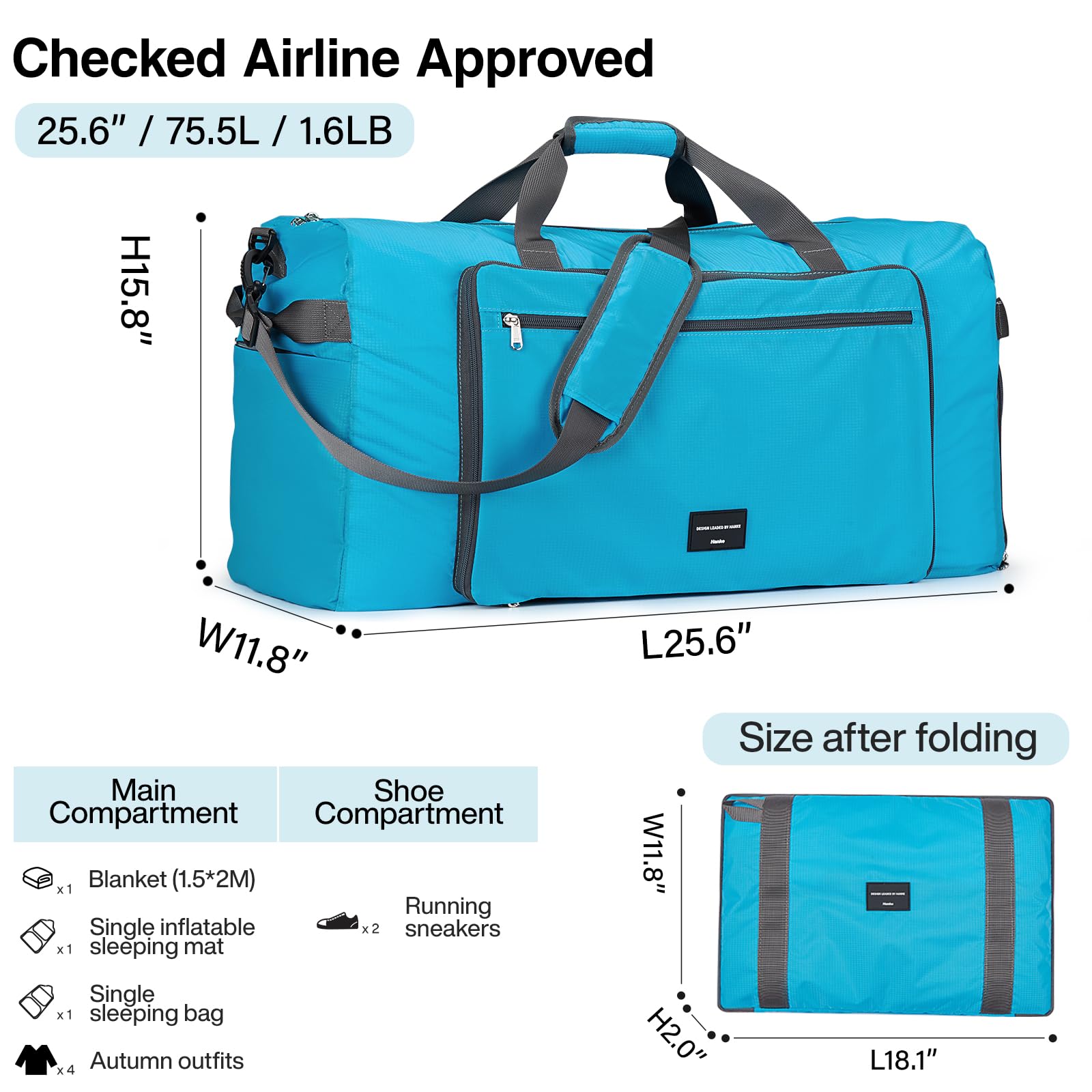 Hanke Travel Duffle Bag For Men & Women,Large Foldable Gym Bag with Shoes and Basketball Compartment, Lightweight Carry On Weekender bags,Waterproof & Tear Resistant Overnight Bags. (Sky Blue)