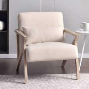 inzoy mid century modern chair with wood frame, upholstered armchair with waist cushion, accent chair for living room bedroom apartment, easy assembly, beige