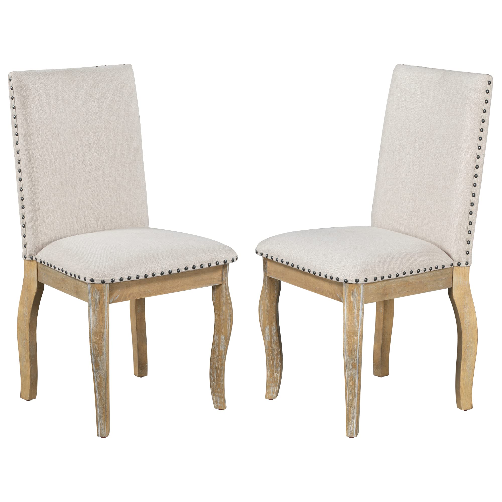 Merax Set of 4 Dining Chairs Wood Upholstered Fabirc Dining Room Chairs with Backrest, Nailhead and Curved Chair Legs for Dining Room, Living Room