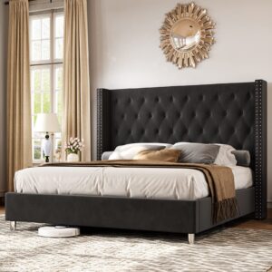 papajet bed frame queen size upholstered bed velvet low profile platform bed with raised wingback headboard/no box spring needed/easy assembly/black