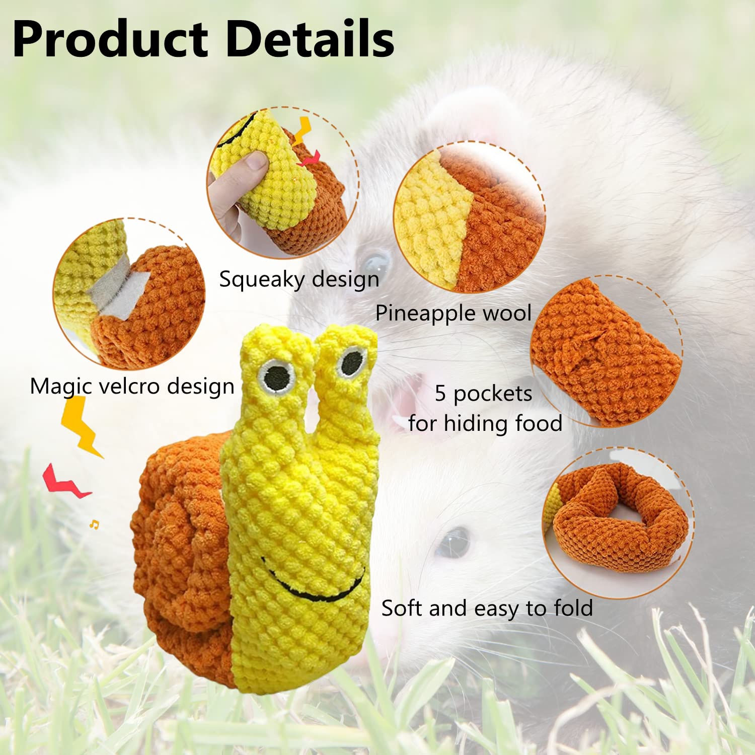 HAICHEN TEC Ferret Squeaky Snuffle Toy Treat Dispensing Foraging Puzzle Enrichment Plush Teething Chew Toys for Stress Release for Ferret Rabbit Guinea Pig (Snail)