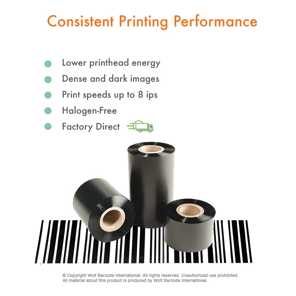 24 Rolls Wolfbarco 4.33" x 1476' (110mm x 450m) Black Standard Wax Thermal Transfer Ribbon Compatible with Zebra ZT200, ZT220, ZT230, ZT410, ZT420, ZT610,TEC, INTERMEC,Citizen,TSC,GODEX,ARGOX printers