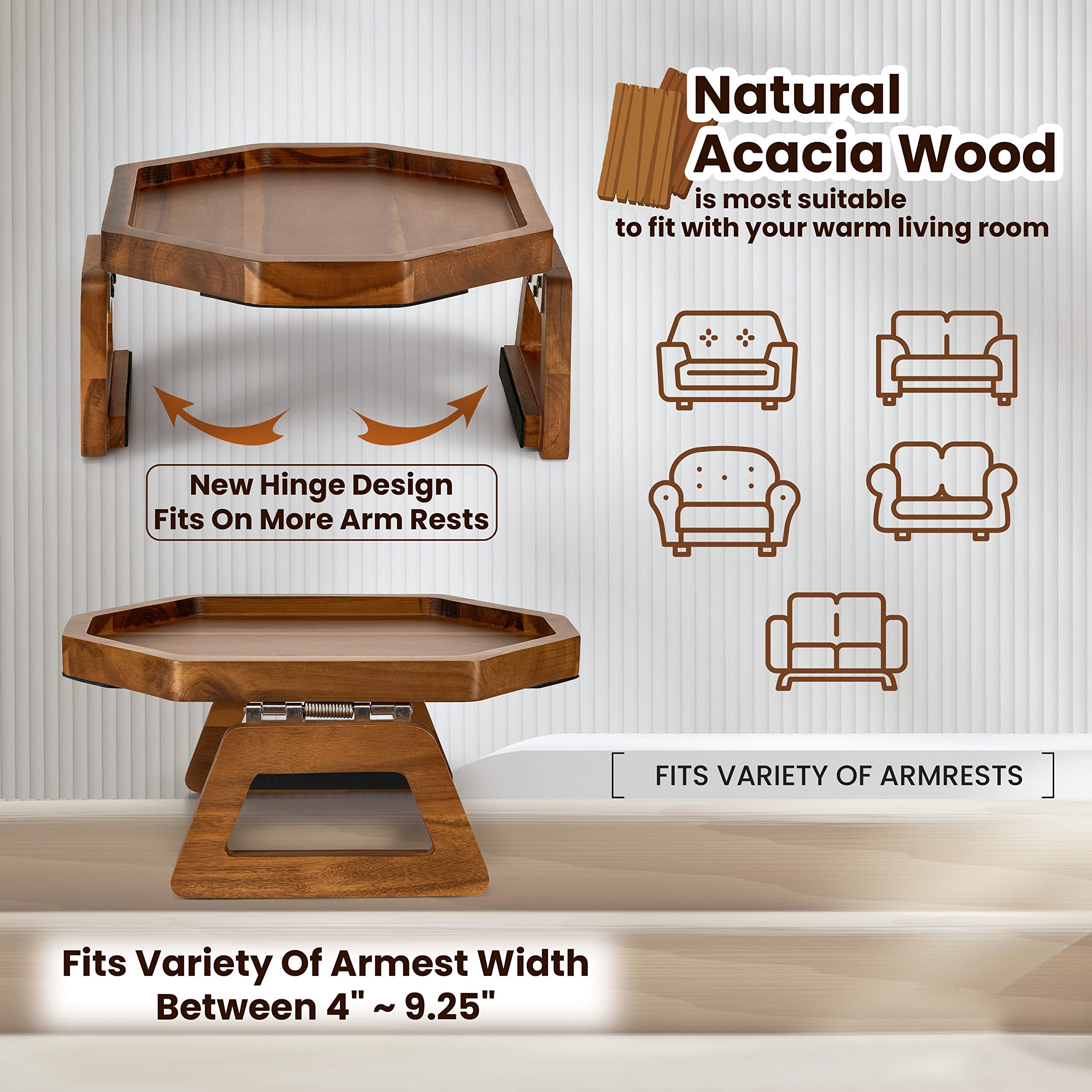 Tinamo Acacia Wood Sofa Armrest Tray - Sofa Arm Tray Table Clip Octagon - Couch Arm Table for Wide Couches (Octagonal, Acacia)