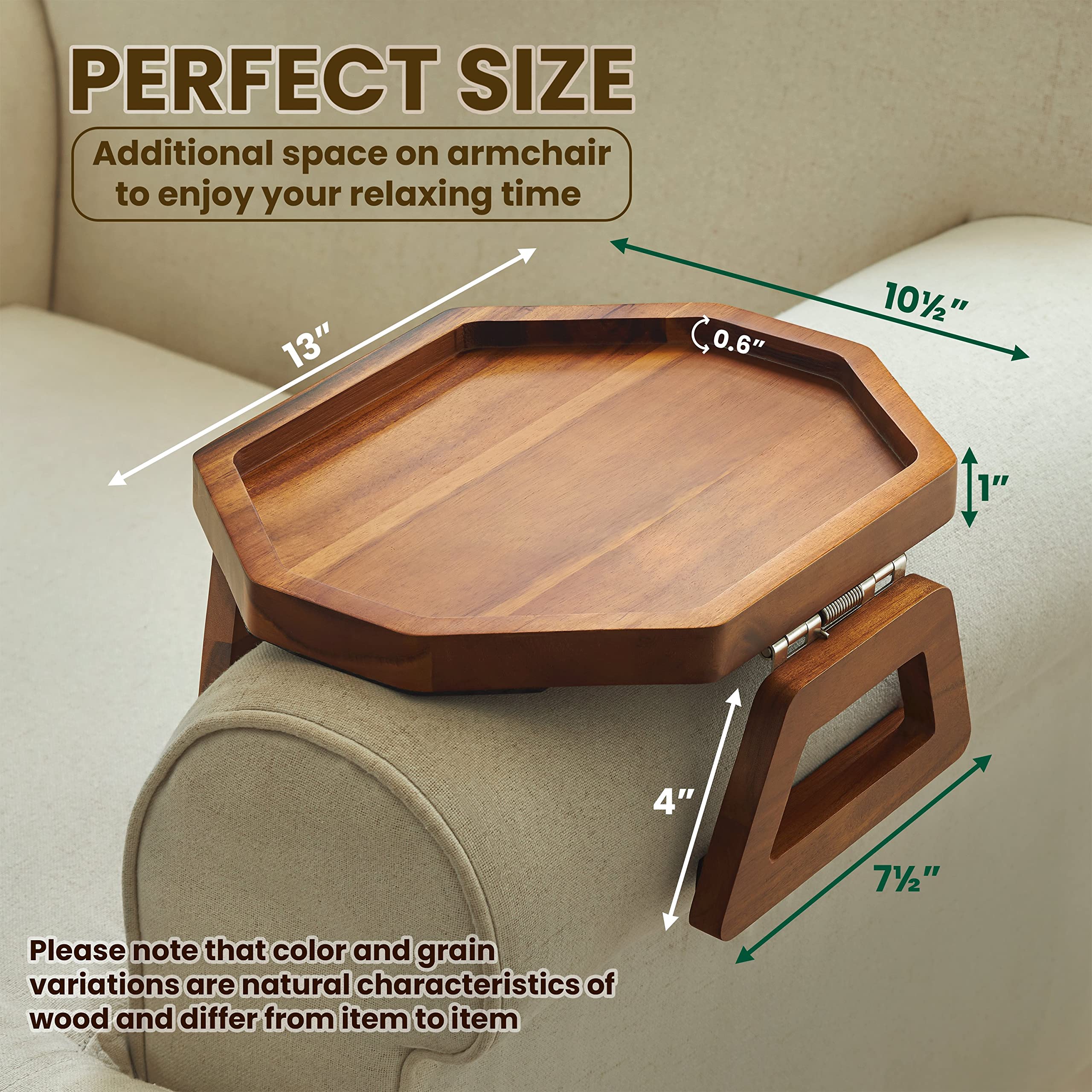 Tinamo Acacia Wood Sofa Armrest Tray - Sofa Arm Tray Table Clip Octagon - Couch Arm Table for Wide Couches (Octagonal, Acacia)