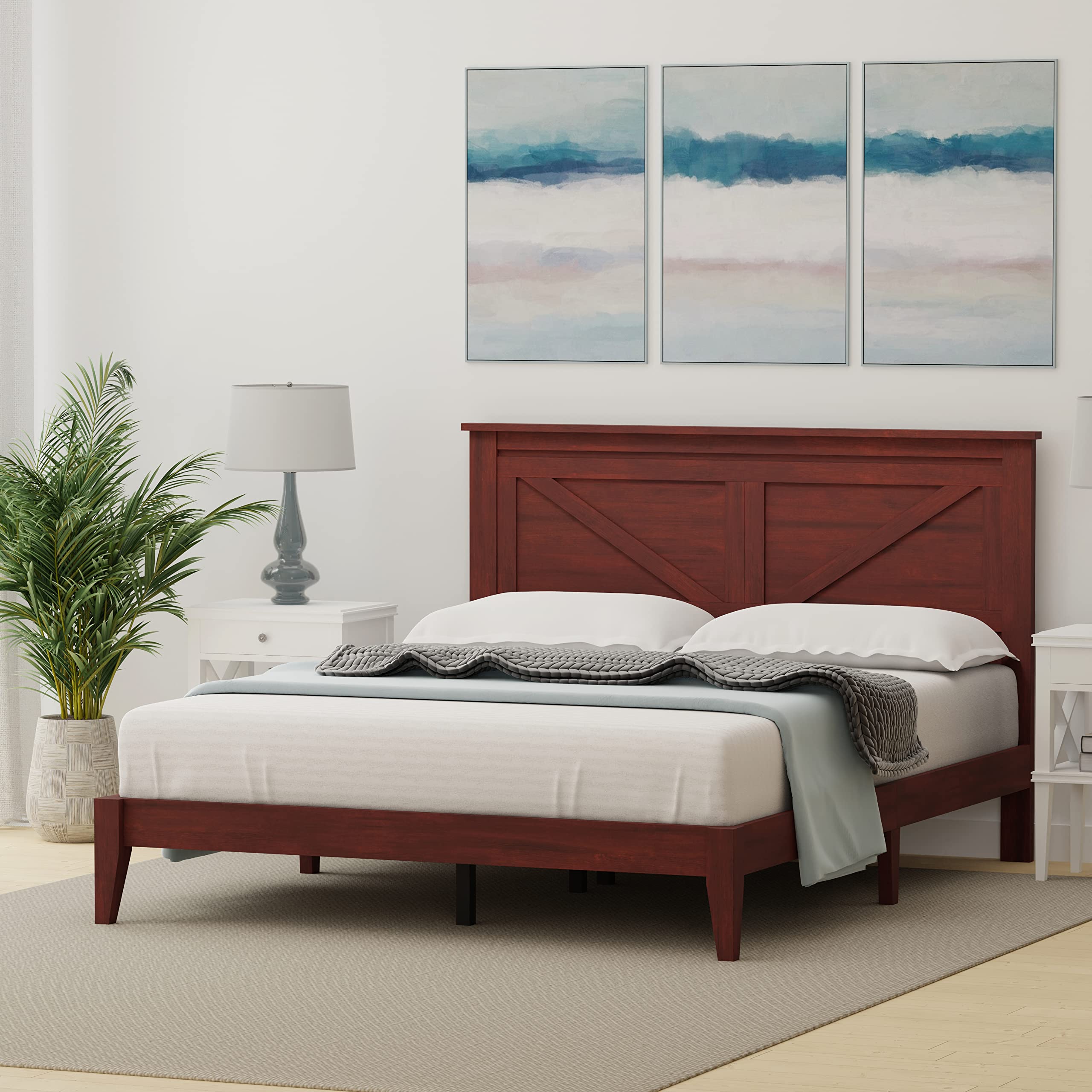 Glenwillow Home Farmhouse Solid Wood Platform Bed in Queen - Classic Cherry