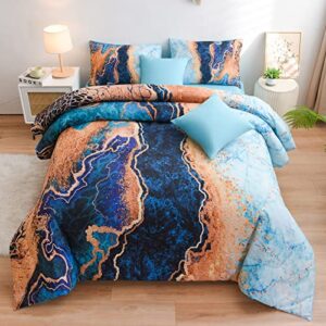 a nice night marble like burning mountain printed bedding set,retro style watercolor artwork design,ultra soft comforter set, 7pcs bed in a bag,queen,blue