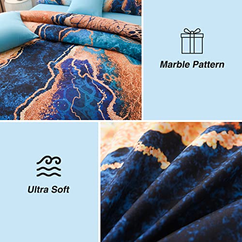 A Nice Night Marble Like Burning Mountain Printed Bedding Set,Retro Style Watercolor Artwork Design,Ultra Soft Comforter Set, 7pcs Bed in a Bag,Queen,Blue