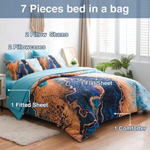 A Nice Night Marble Like Burning Mountain Printed Bedding Set,Retro Style Watercolor Artwork Design,Ultra Soft Comforter Set, 7pcs Bed in a Bag,Queen,Blue