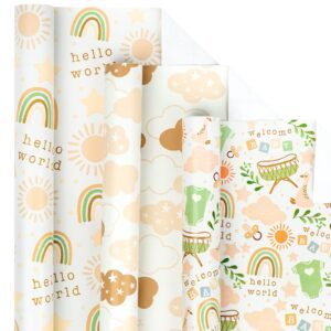 lezakaa baby shower wrapping paper roll - mini roll - baby suit/rainbow, sun/cloud for baby boy, girl - 17 x 120 inches - 3 rolls (42.5 sq.ft.ttl.)