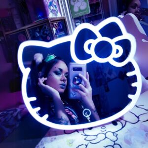 Impressions Vanity Supercute Hello Kitty Tabletop Desk Mirror with Lights and Touch Sensor Switch, Adjustable Tri Tone LED Lighted Makeup Mirror with Hidden Extendable Tray and Phone Holder