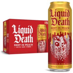 liquid death, rest in peach iced tea, 8-pack (king size 19.2oz cans), peach flavored tea sweetened with real agave, b12 & b6 vitamins, low calorie & low sugar