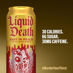 Liquid Death, Rest In Peach Iced Tea, 8-Pack (King Size 19.2oz Cans), Peach Flavored Tea Sweetened With Real Agave, B12 & B6 Vitamins, Low Calorie & Low Sugar