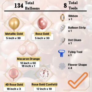 Chanfo Pola 142pcs Rose Gold Balloon Arch Kit Macaron Orange Balloon Garland, 18"12"10"5" Metallic Rose Gold, Gold Balloons, Rose Gold Confetti Balloon with 4D Globos for Nice Party Decorations