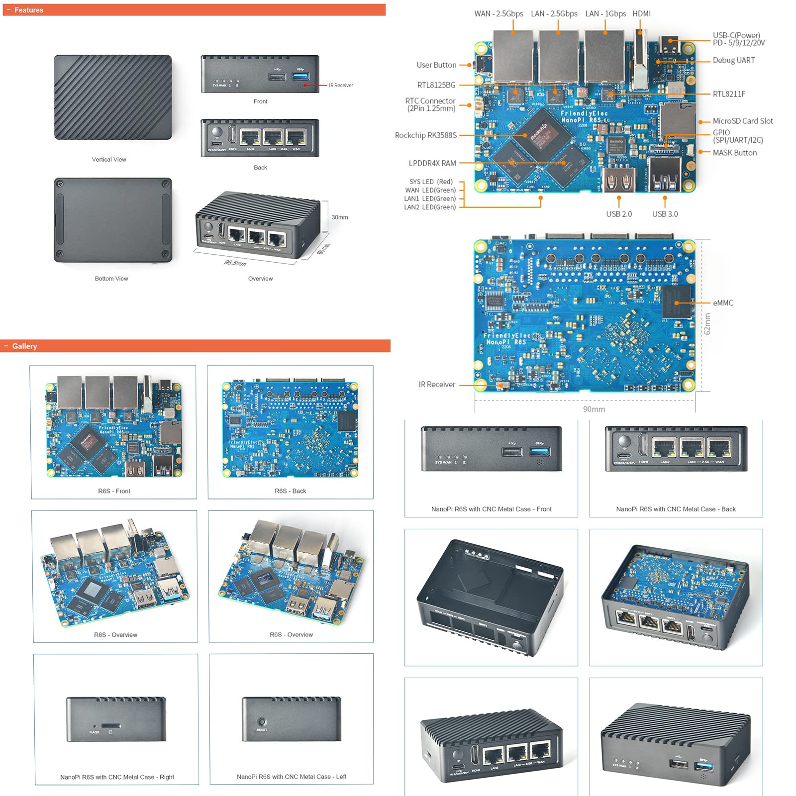 youyeetoo NanoPi R6S Mini Router con custodia in metallo, 8GB LPDDR4X 32GB EMMC, RK3588S Scheda di sviluppo, 6TOPS NPU, supporto Docker, tre porte Ethernet, USB3.0 HDMI,M.2 NVMe Storage, PD Power