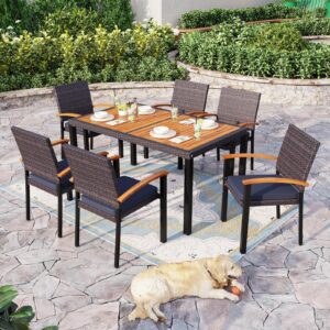 sophia & william outdoor patio dining set furniture 7 pieces with 6 stackable cushioned rattan wicker chairs and rectangular acacia wood table for backyard deck garden lawn porch poolside