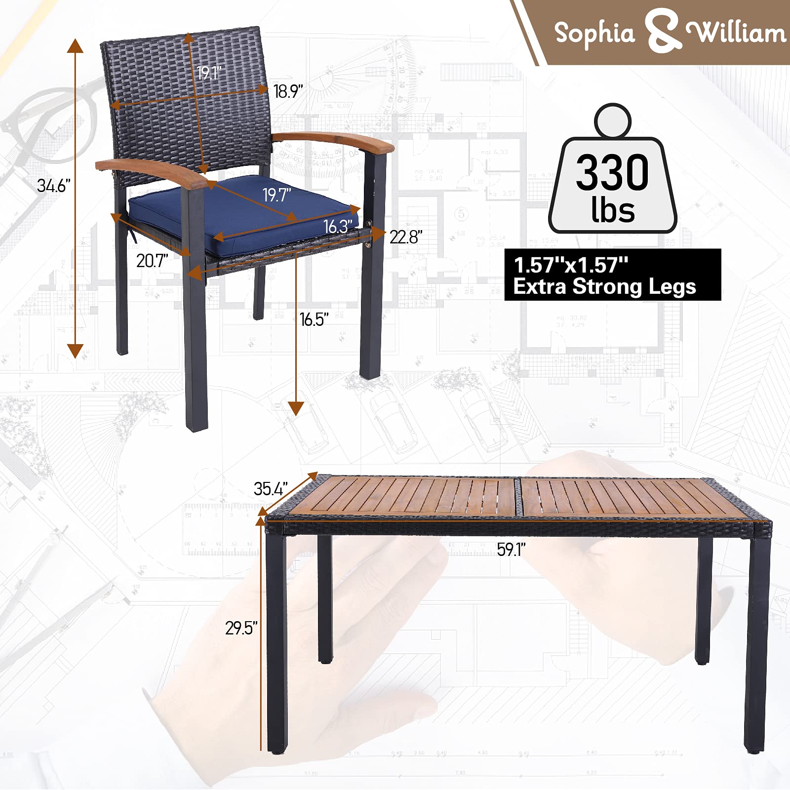 Sophia & William Outdoor Patio Dining Set Furniture 7 Pieces with 6 Stackable Cushioned Rattan Wicker Chairs and Rectangular Acacia Wood Table for Backyard Deck Garden Lawn Porch Poolside