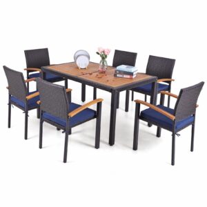 Sophia & William Outdoor Patio Dining Set Furniture 7 Pieces with 6 Stackable Cushioned Rattan Wicker Chairs and Rectangular Acacia Wood Table for Backyard Deck Garden Lawn Porch Poolside