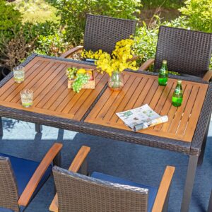 Sophia & William Outdoor Patio Dining Set Furniture 7 Pieces with 6 Stackable Cushioned Rattan Wicker Chairs and Rectangular Acacia Wood Table for Backyard Deck Garden Lawn Porch Poolside