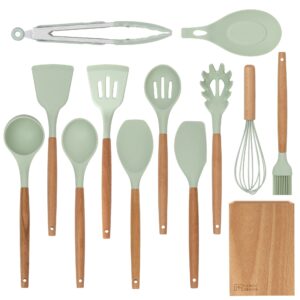 lanzo design kitchen utensil set, 13 pcs non-stick silicone cooking utensils spatula set with wooden holder (mint)