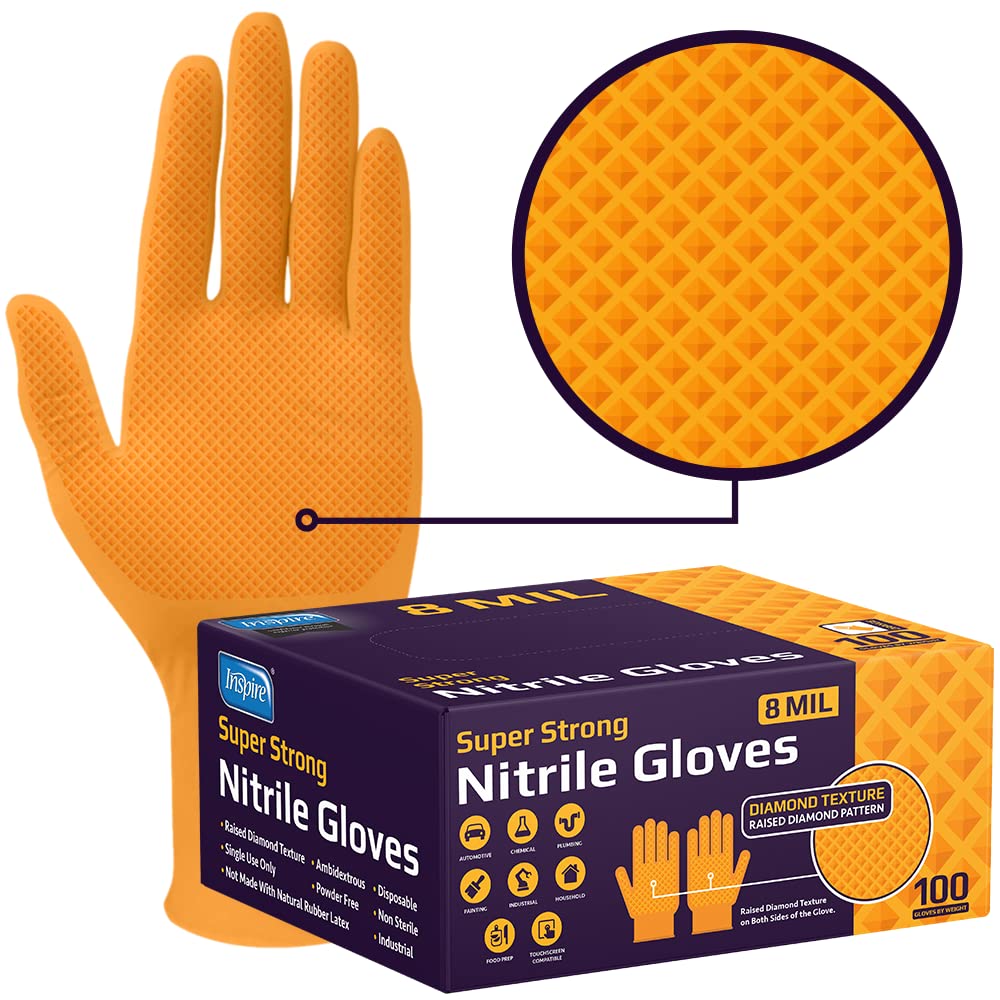 Inspire Heavy Duty Orange Nitrile Disposable Gloves | ULTRA 8 Mil Gloves Diamond Textured For Secure Grip | Food Safe, Industrial Gloves Disposable Latex Free Mechanic Gloves | Nitrile Gloves