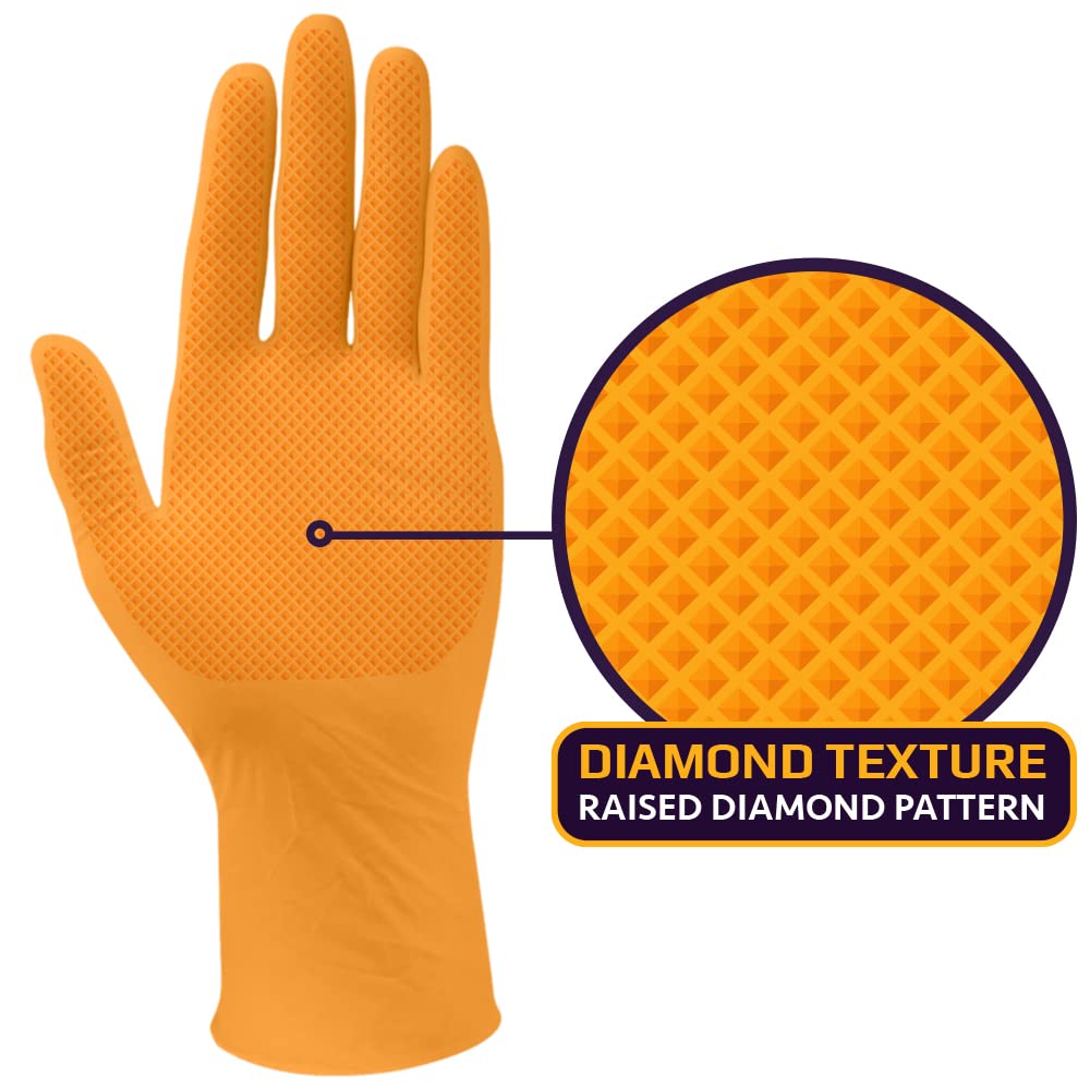 Inspire Heavy Duty Orange Nitrile Disposable Gloves | ULTRA 8 Mil Gloves Diamond Textured For Secure Grip | Food Safe, Industrial Gloves Disposable Latex Free Mechanic Gloves | Nitrile Gloves