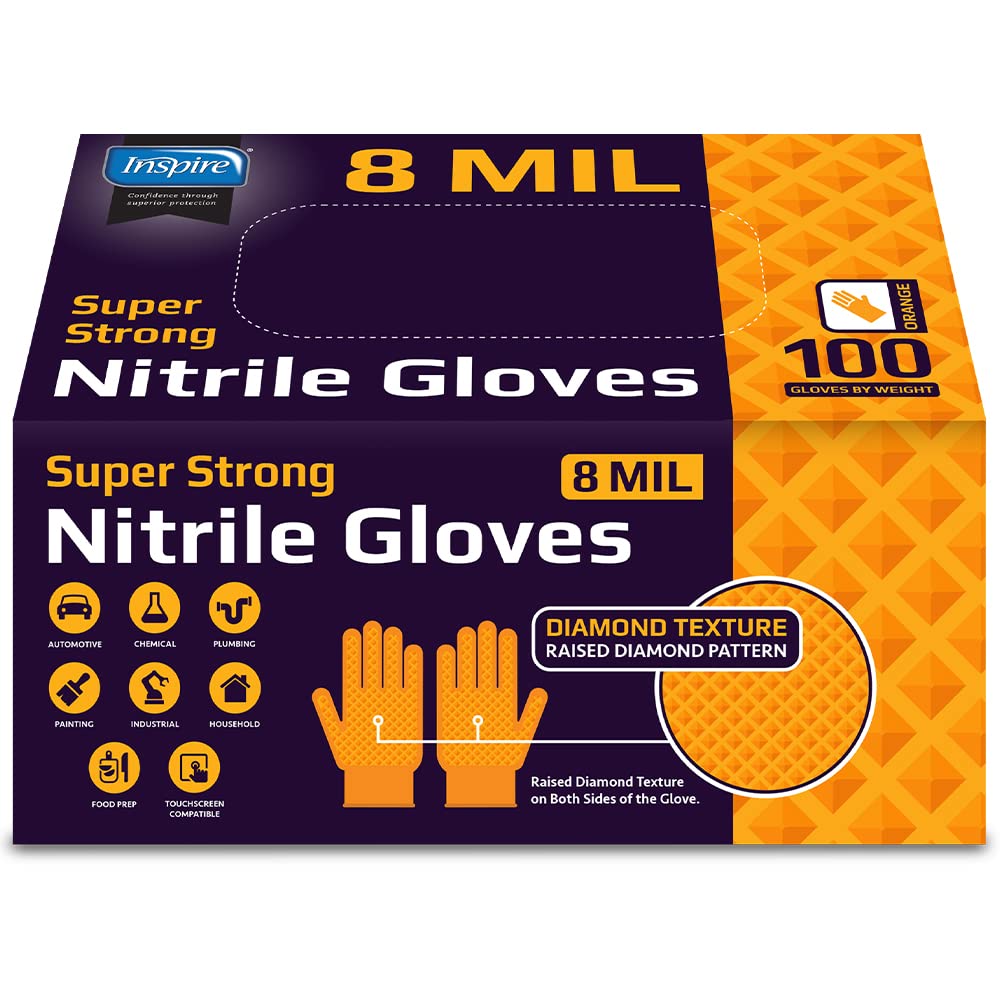 Inspire Heavy Duty Orange Nitrile Disposable Gloves | ULTRA 8 Mil Gloves Diamond Textured For Secure Grip | Food Safe, Industrial Gloves Disposable Latex Free Mechanic Gloves | Nitrile Gloves